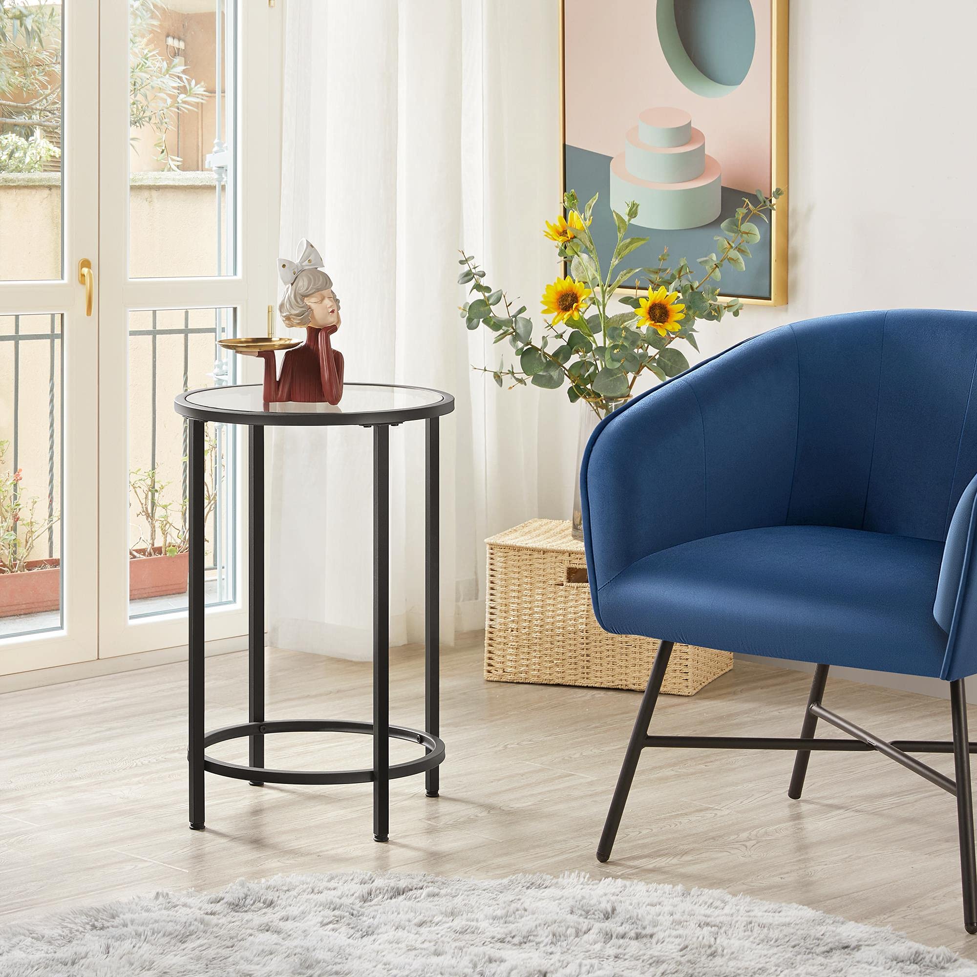 Yaheetech Black Glass End Table Set of 2, Round Side Table Modern Style Tall End Table Accent Table with Glass Top & Metal Frame, 2pcs Glass Side Table for Living Room, Balcony, Bedroom