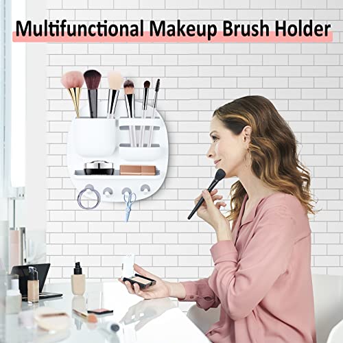 Kilolemo Wall Mounted Makeup Brush Holder Small Storage Organizer Adhesive Wall Storage Holder Hanging Container Toothbrush Storage Rack for Badroom Bathroom Kitchen(White)