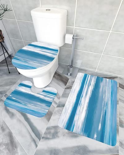 Fashion 3 Piece Bath Rugs Set Abstract Blue and Gray Art Textured Non Slip Ultra Soft Bathroom Accessories Mats, U Shape Mat and Toilet Lid Cover Mat Bath Mats