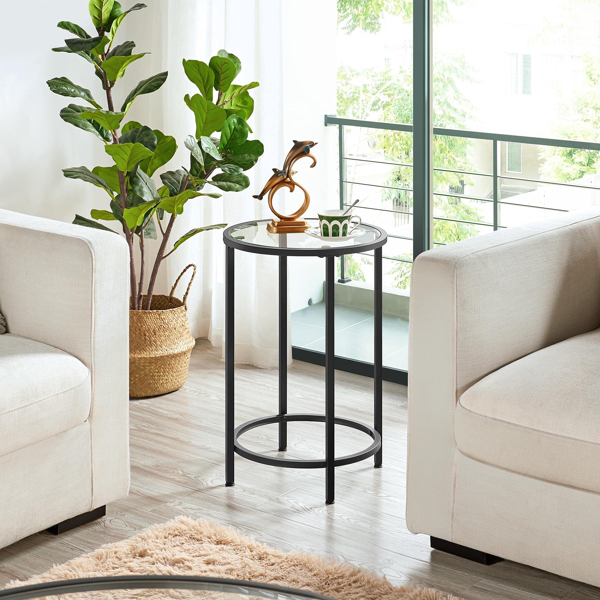 Yaheetech Black Glass End Table Set of 2, Round Side Table Modern Style Tall End Table Accent Table with Glass Top & Metal Frame, 2pcs Glass Side Table for Living Room, Balcony, Bedroom