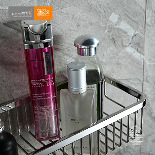 VIBORG Deluxe Solid Thick SUS304 Stainless Steel Wire Wall Mounted Single Tier Bathroom Rectangular Shower Basket Bath Caddy Shelf Organizer Storage Holder for Shampoo Conditioner Polished mirror-like