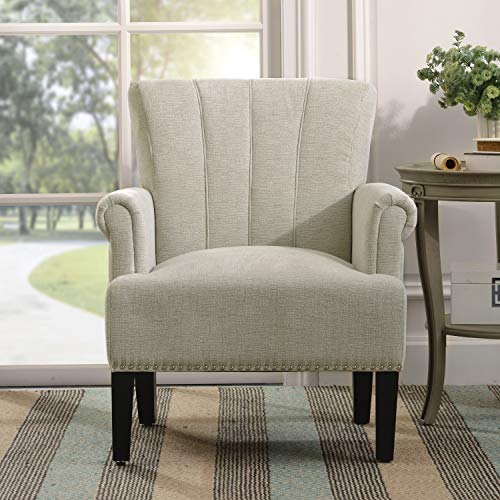 SSLine Upholstered Polyester Accent Chair,Mid Century Tufted Wingback Arm Chair with Roll Armrest and Wooden Legs,Comfy Single Sofa Club Chair for Living Room Bedroom Office Studio (Cream)