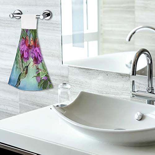 Summer Hummingbird Hand Towels for Kitchen,Purple Flower Absorbent Tie Hanging Towel with Loop 2 PCS Kitchen Linen Sets for Bathroom Restroom Home Decor