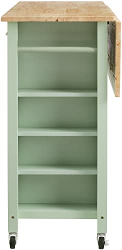 Crosley Furniture Savannah Wood Top Drop Leaf Rolling Kitchen Island Cart with Spice Rack and Shelves, Mint