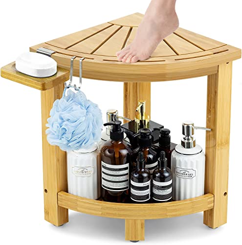 ETECHMART Bamboo Corner Shower Stool for Shaving Legs Foot Rest, Waterproof Bath Bench Seat with Storage Shelf and Soap Dish for Bathroom Inside Shower, Use as Small Corner Table Step Stools, Bamboo