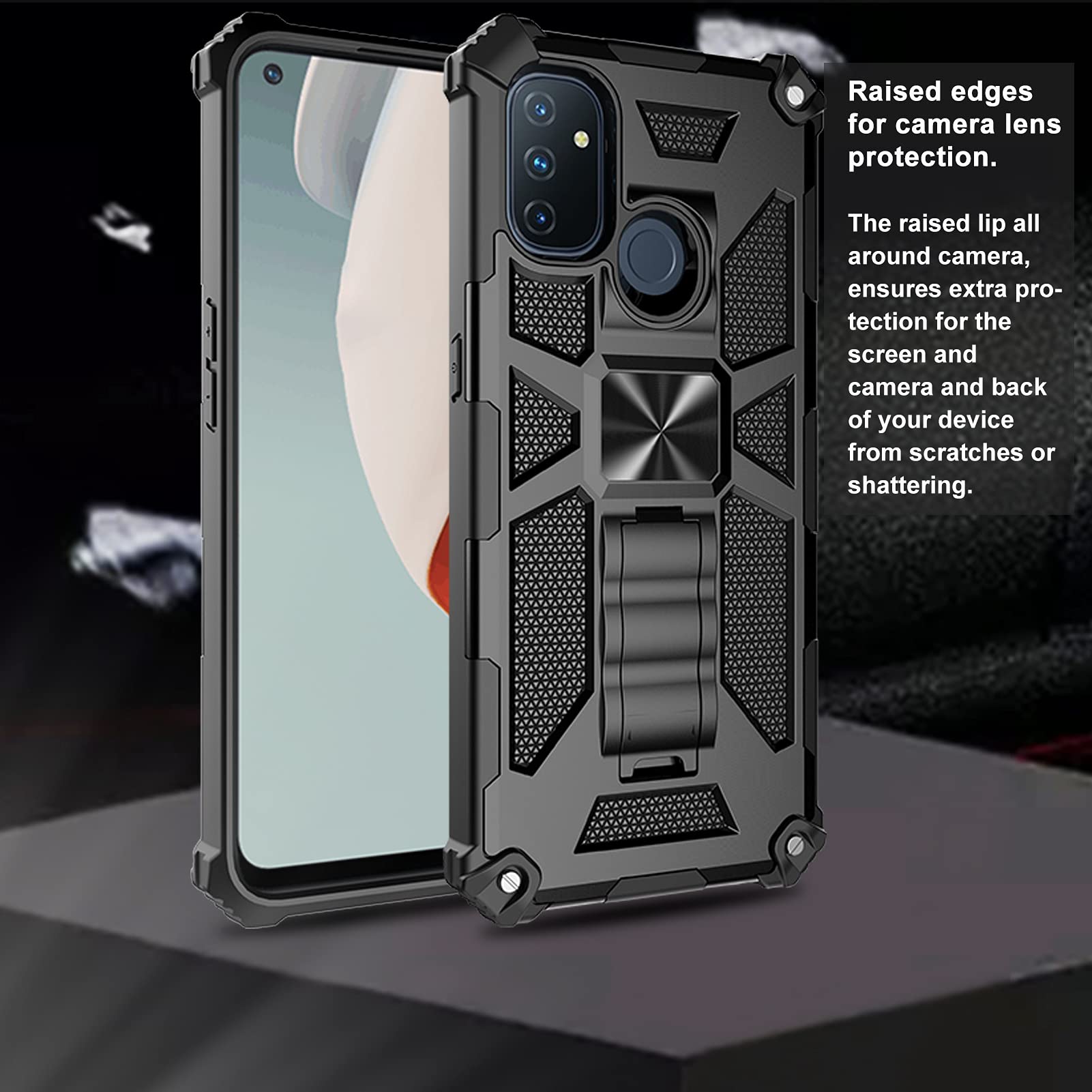 Ailiber Compatible with OnePlus Nord N100 Case with Screen Protector, for Magnetic Car Mount, Kickstand Holder, Rugged Shockproof Bumper Military Grade Armor Protective Cover 1+Nord N100-Black