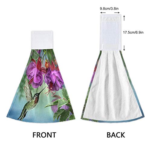 Summer Hummingbird Hand Towels for Kitchen,Purple Flower Absorbent Tie Hanging Towel with Loop 2 PCS Kitchen Linen Sets for Bathroom Restroom Home Decor