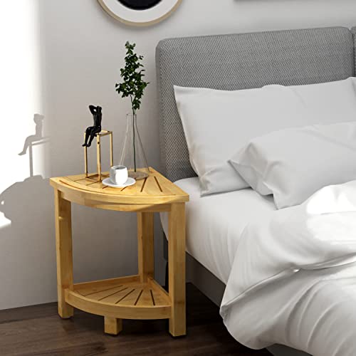 ETECHMART Bamboo Corner Shower Stool for Shaving Legs Foot Rest, Waterproof Bath Bench Seat with Storage Shelf and Soap Dish for Bathroom Inside Shower, Use as Small Corner Table Step Stools, Bamboo