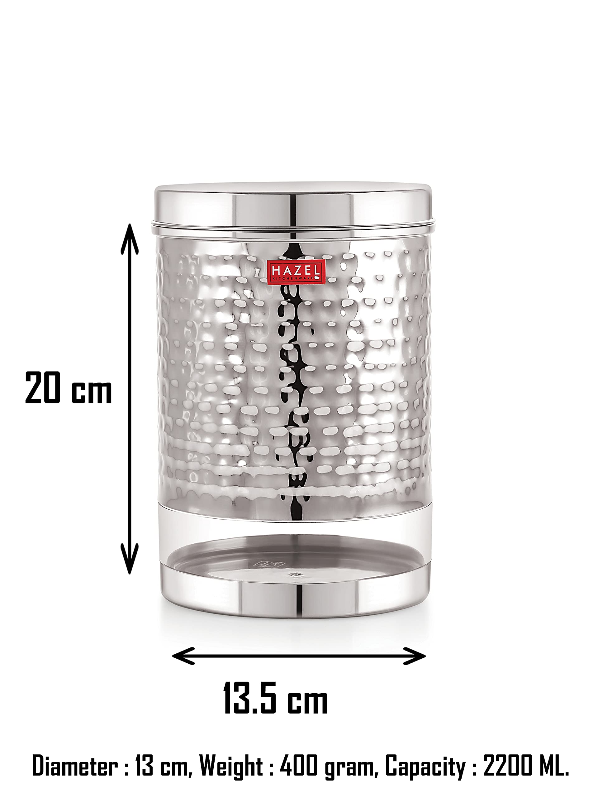 HAZEL Stainless Steel Container For Kitchen Storage Hammered Finish Transparent See Through Glossy Storage Jar Dabba, Set of 6, 2200 ML, Silver