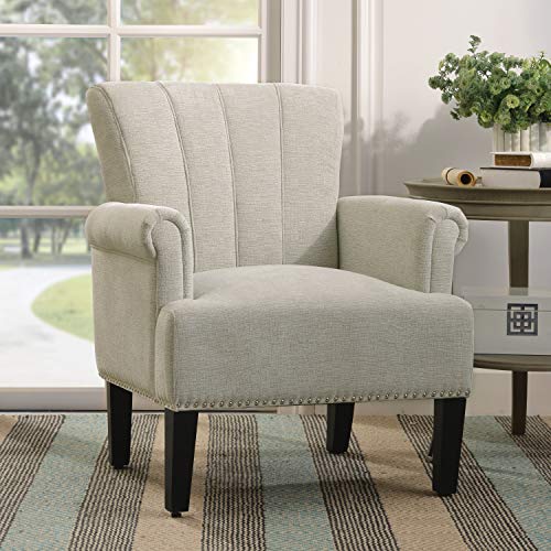 SSLine Upholstered Polyester Accent Chair,Mid Century Tufted Wingback Arm Chair with Roll Armrest and Wooden Legs,Comfy Single Sofa Club Chair for Living Room Bedroom Office Studio (Cream)