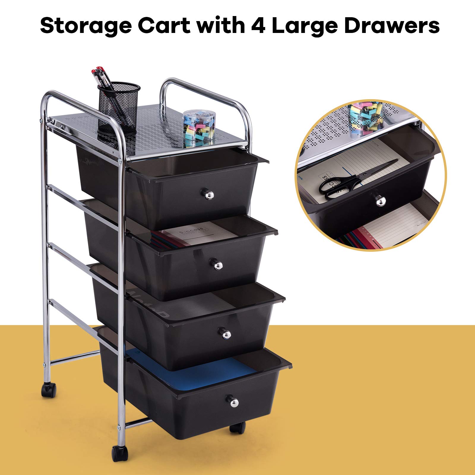 MAT EXPERT 4-Drawer Rolling Storage Cart, Mobile Organizer Cart w/Plastic Drawers & Casters, 4-Tier Rolling Storage Cart, Metal Frame Multipurpose Trolley Bin for Home/Office/School (Black)