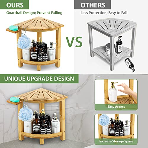 ETECHMART Bamboo Corner Shower Stool for Shaving Legs Foot Rest, Waterproof Bath Bench Seat with Storage Shelf and Soap Dish for Bathroom Inside Shower, Use as Small Corner Table Step Stools, Bamboo