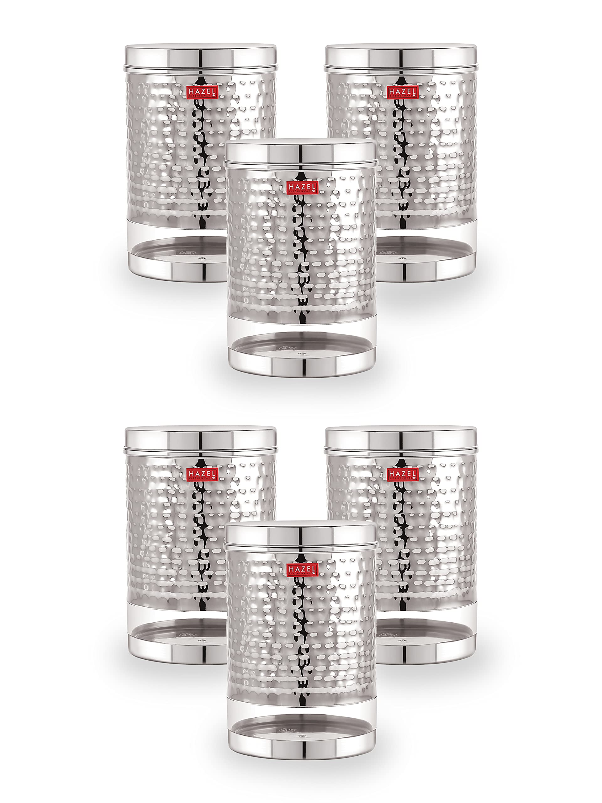 HAZEL Stainless Steel Container For Kitchen Storage Hammered Finish Transparent See Through Glossy Storage Jar Dabba, Set of 6, 2200 ML, Silver