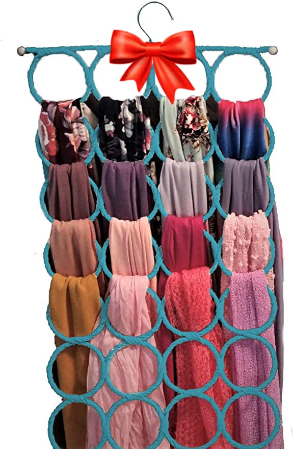 Scarf Hanger ~ Multiple Purpose Holder for Closet ~ Clutter Removing and Space-Saving Hanger for Scarves, Shawl, Belts & Accessories ~ Scarf Hanger 28 Rings (Sky Blue)