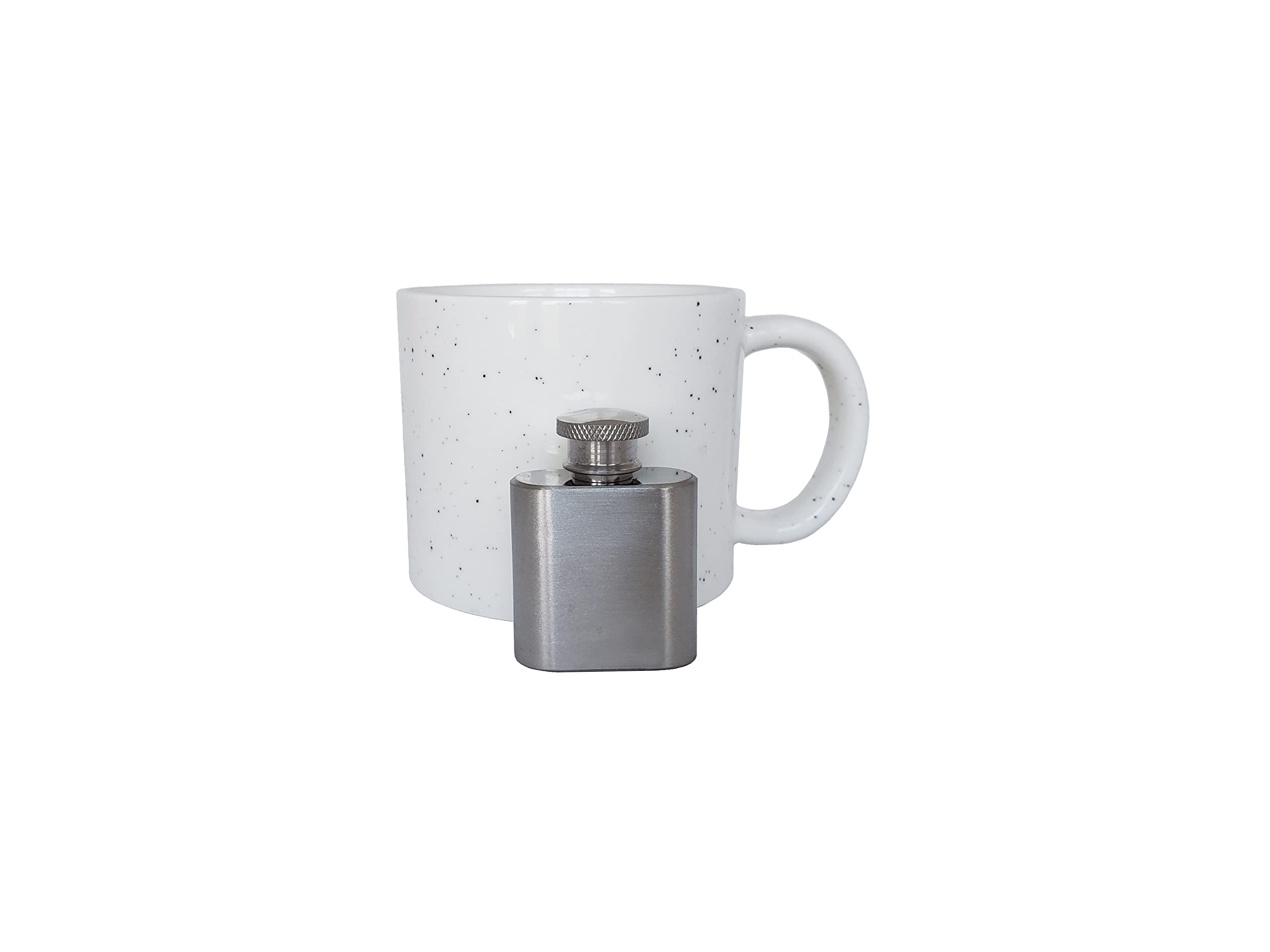 Lemur Ceramic Coffee Mug with Stainless Steel Flask - 12 oz White Speckled Mug, 1 oz Hip Flask Attached with Leather Strap