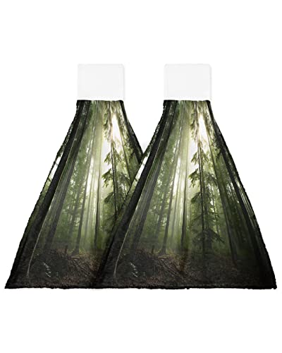 Kitchen Towels with Hanging Loop 2 Pack, Green Forest Sunrise Soft Absorbent Hand Towels for Bathroom Bar Home Decor Nature Tree Dish Towels Reusable Washable Cleaning Cloth