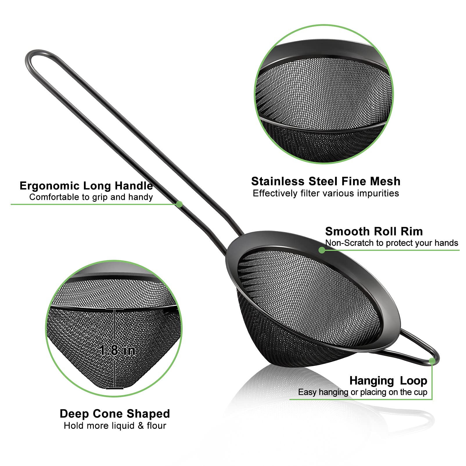 TeamFar Fine Mesh Strainer, 3.3ββ Stainless Steel Tea Strainer Bar Strainer Small Conical Cone Mesh Straine for Cocktail Coffee Juice, Healthy & Easy Clean, Long Handle & Hanging Loop, Black