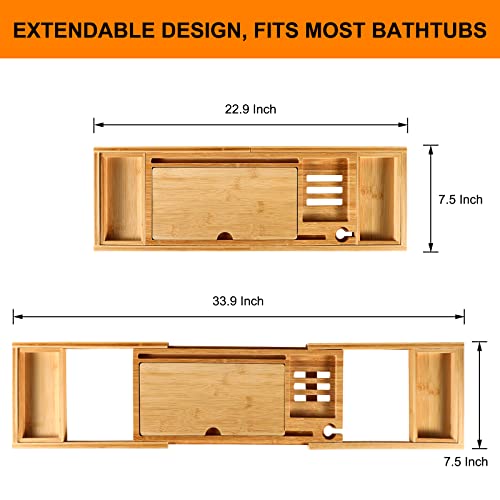 Bamboo Bathtub Caddy Tray, Expandable Bath Tray Table for Tub with Wine Glass Slot Book Phone Tablet Holder, Adjustable Bathroom Bathtub Organizer for Relaxing Bath Gift Idea
