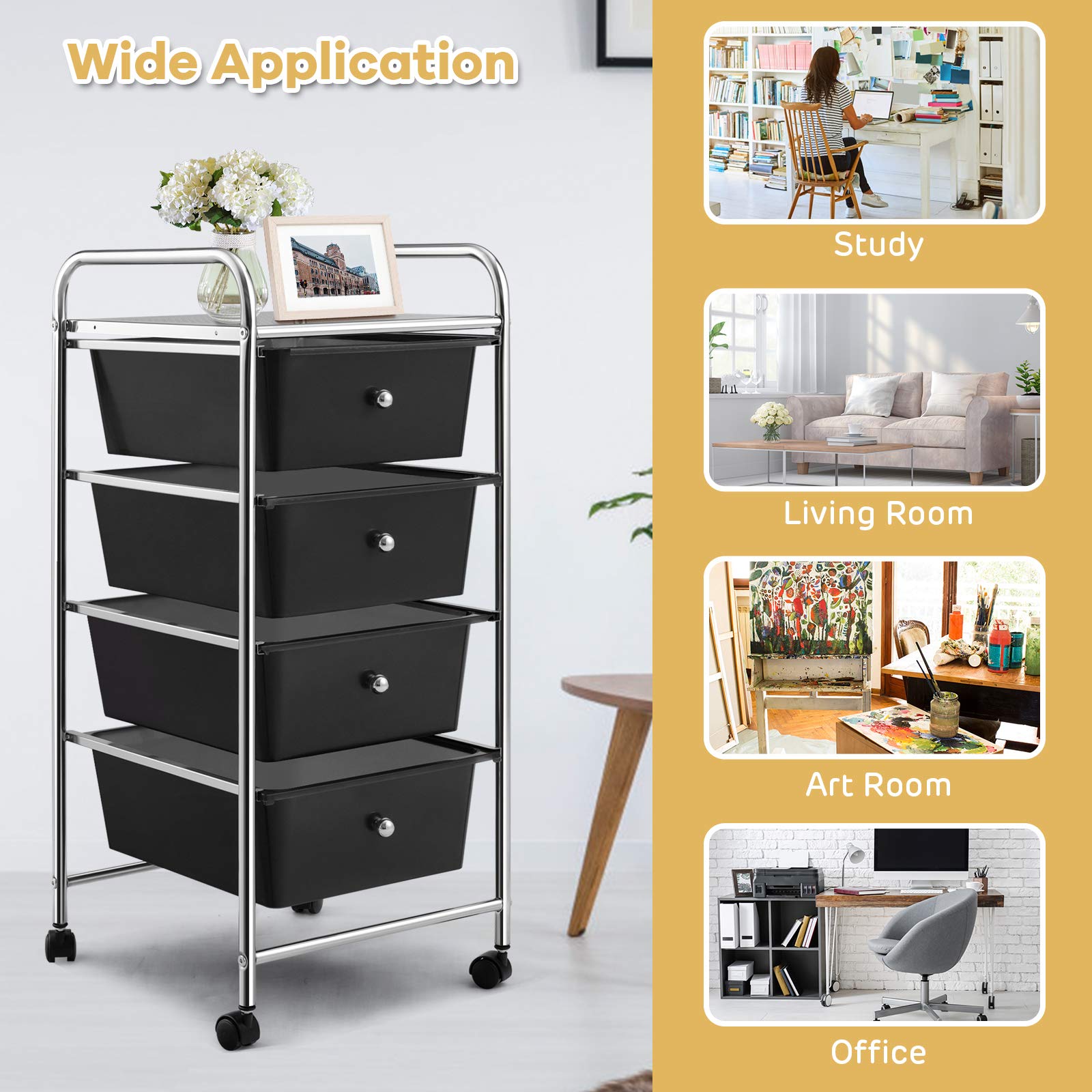 MAT EXPERT 4-Drawer Rolling Storage Cart, Mobile Organizer Cart w/Plastic Drawers & Casters, 4-Tier Rolling Storage Cart, Metal Frame Multipurpose Trolley Bin for Home/Office/School (Black)