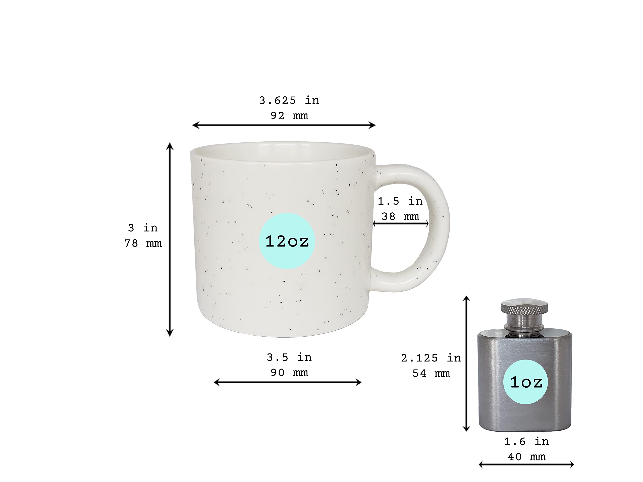 Lemur Ceramic Coffee Mug with Stainless Steel Flask - 12 oz White Speckled Mug, 1 oz Hip Flask Attached with Leather Strap
