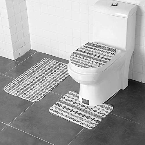 4 Pcs Black and White Shower Curtain Sets with Non-Slip Rugs,Toilet Lid Cover and U-Shaped Mat,Bohemian Geometric Waterproof Durable Shower Curtains for Bathroom