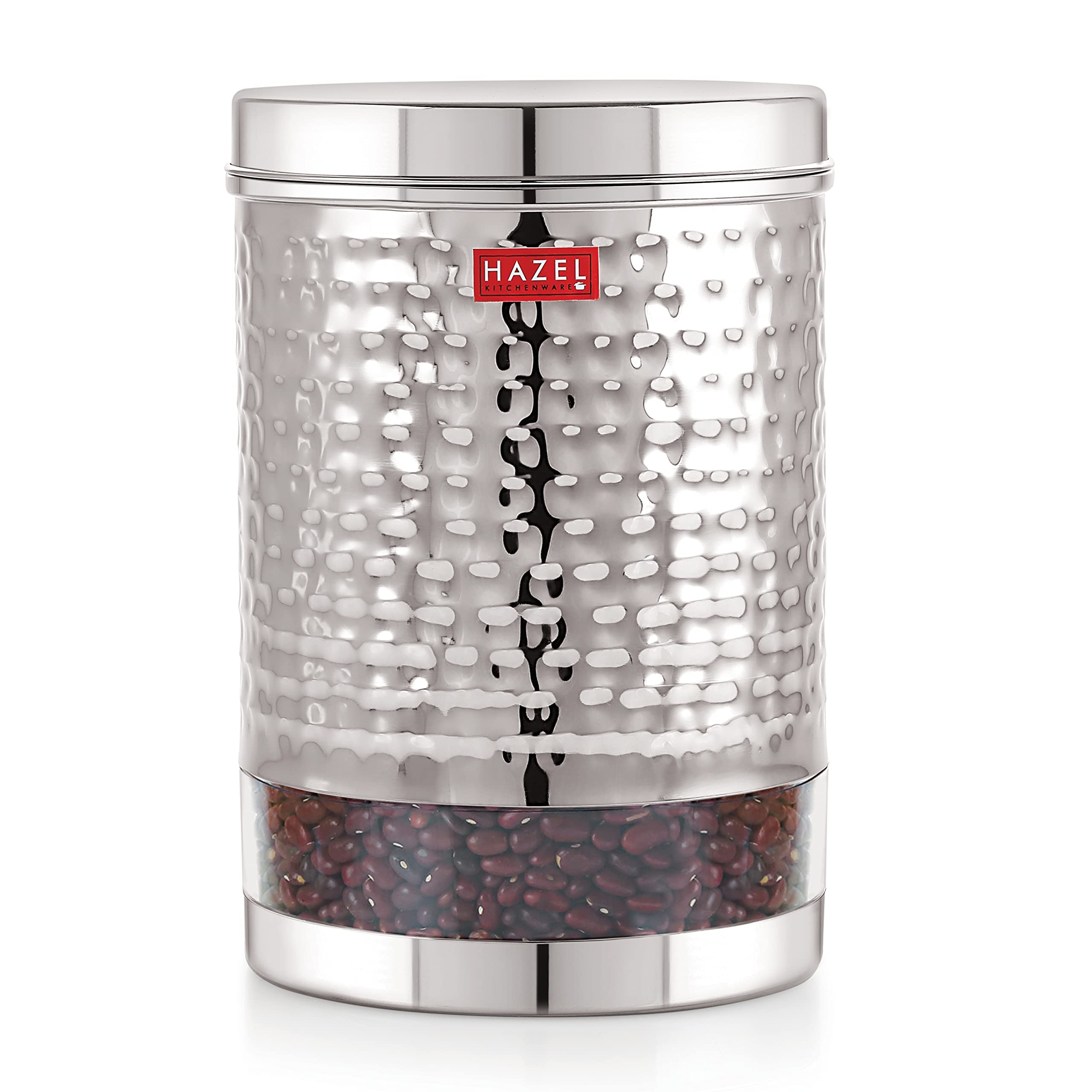 HAZEL Stainless Steel Container For Kitchen Storage Hammered Finish Transparent See Through Glossy Storage Jar Dabba, Set of 6, 2200 ML, Silver