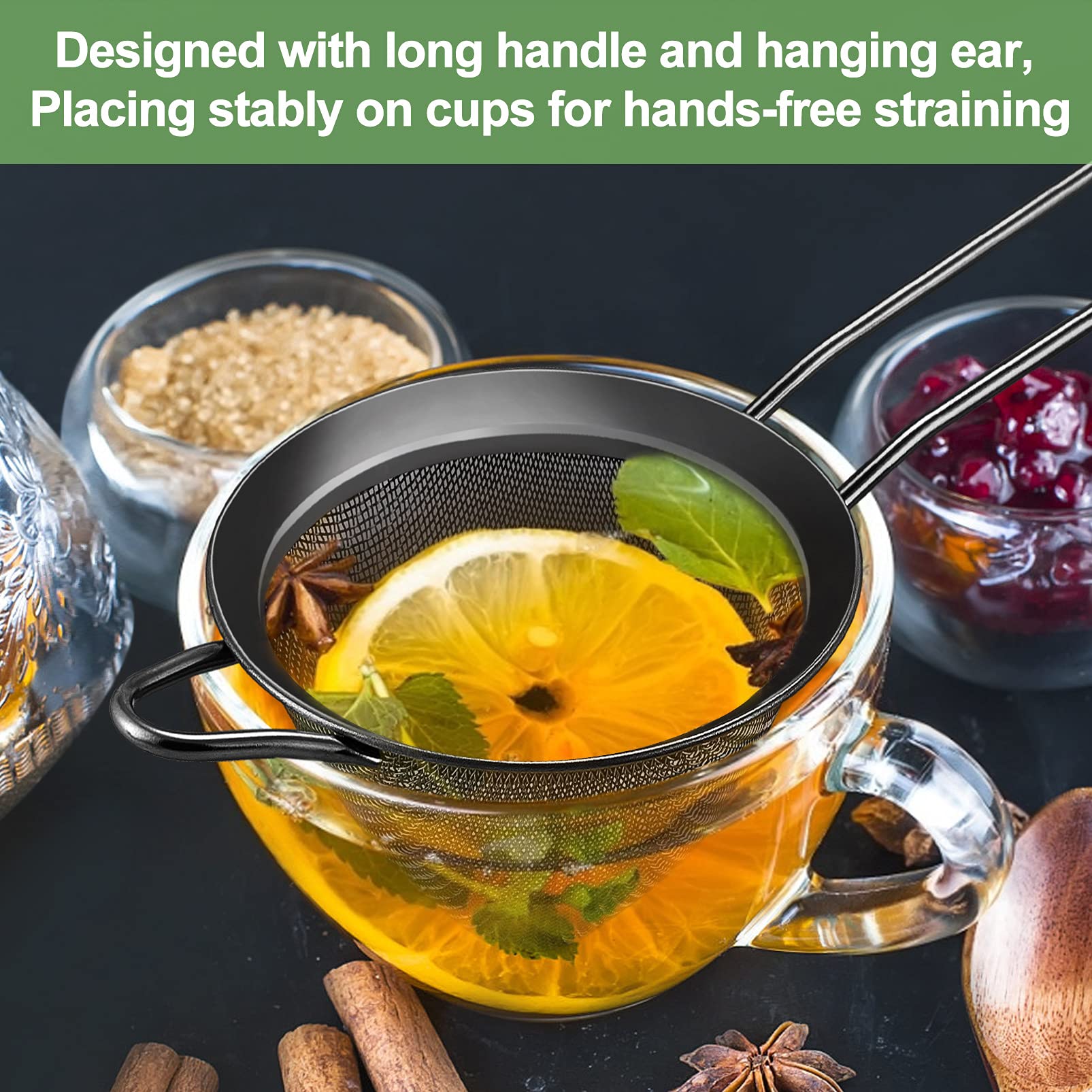 TeamFar Fine Mesh Strainer, 3.3ββ Stainless Steel Tea Strainer Bar Strainer Small Conical Cone Mesh Straine for Cocktail Coffee Juice, Healthy & Easy Clean, Long Handle & Hanging Loop, Black
