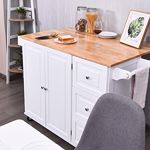 GLACER Kitchen Island Cart on Wheels, Rolling Kitchen Island with Drop Leaf Top, Kitchen Trolley Cart with Drawers, Towel Rack & Bottle Rack, 53.5 x 30 x 36 inches (White)