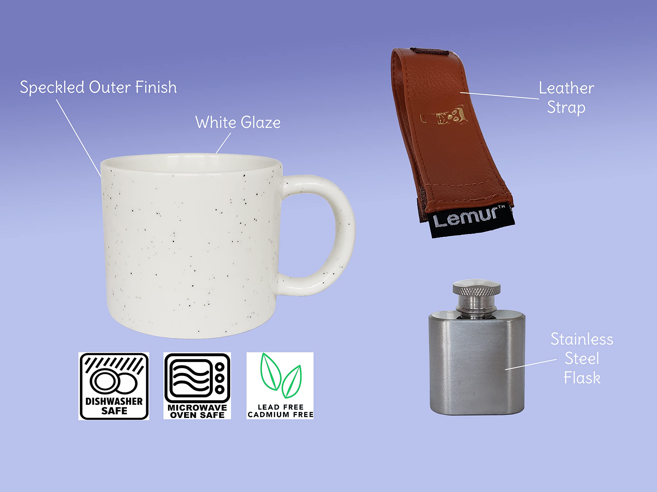 Lemur Ceramic Coffee Mug with Stainless Steel Flask - 12 oz White Speckled Mug, 1 oz Hip Flask Attached with Leather Strap