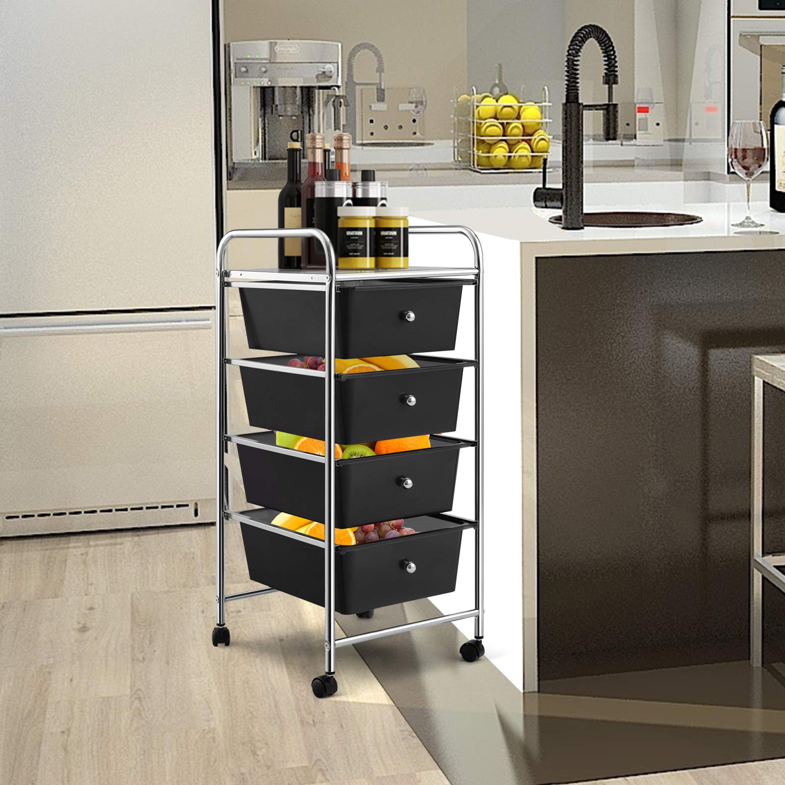MAT EXPERT 4-Drawer Rolling Storage Cart, Mobile Organizer Cart w/Plastic Drawers & Casters, 4-Tier Rolling Storage Cart, Metal Frame Multipurpose Trolley Bin for Home/Office/School (Black)