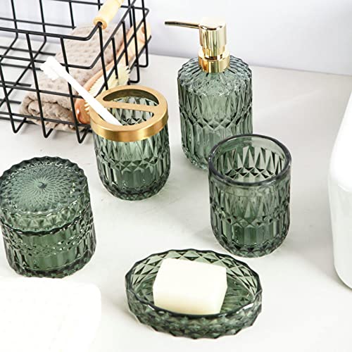 CYJJYZ 5Pcs Green Bathroom Accessories Complete Set,Includes Lotion Dispenser, Soap Dish, Toothbrush Holder, Tumbler, Cotton Swab Jars, Modern Bathroom Decor and Gift Set.
