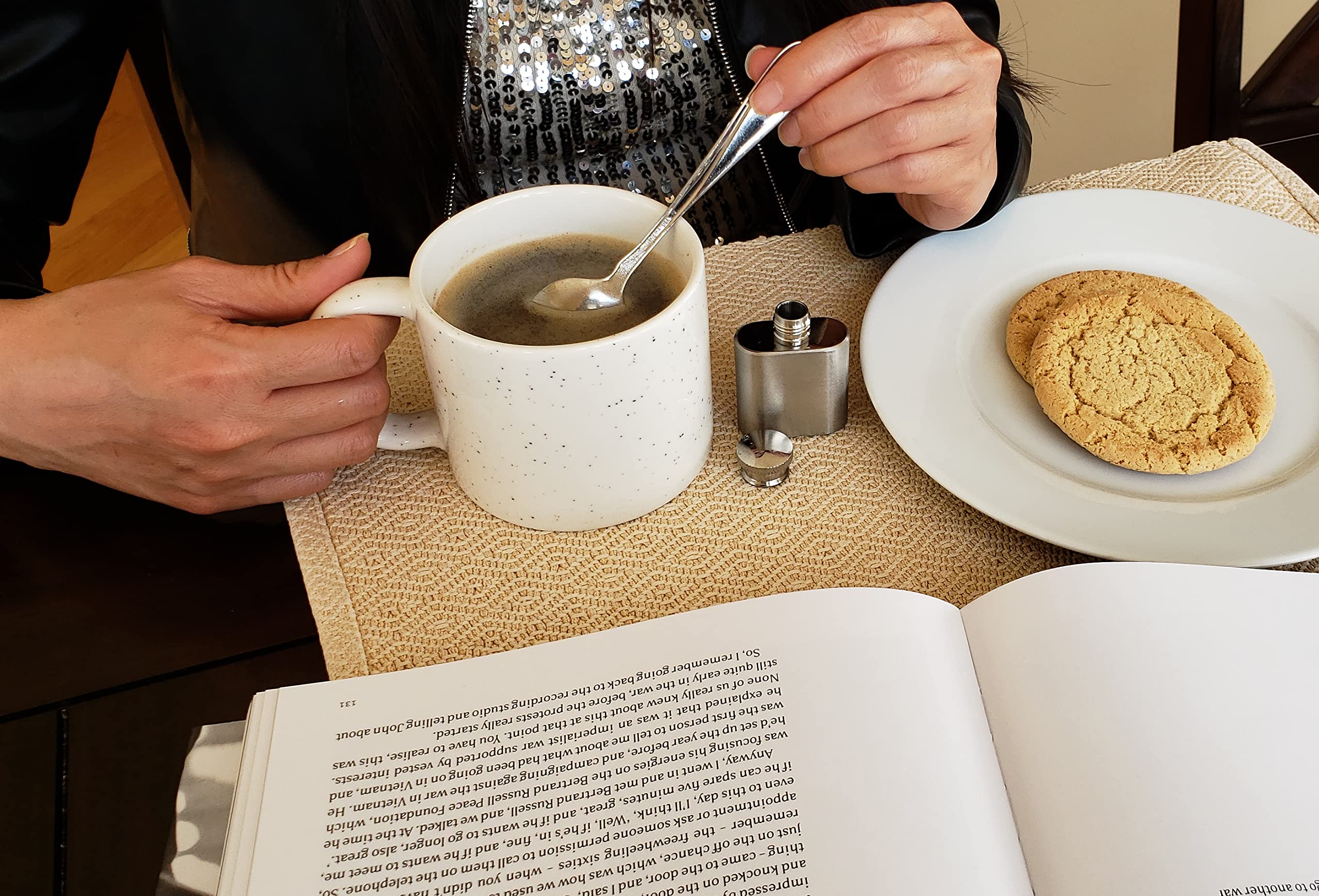 Lemur Ceramic Coffee Mug with Stainless Steel Flask - 12 oz White Speckled Mug, 1 oz Hip Flask Attached with Leather Strap