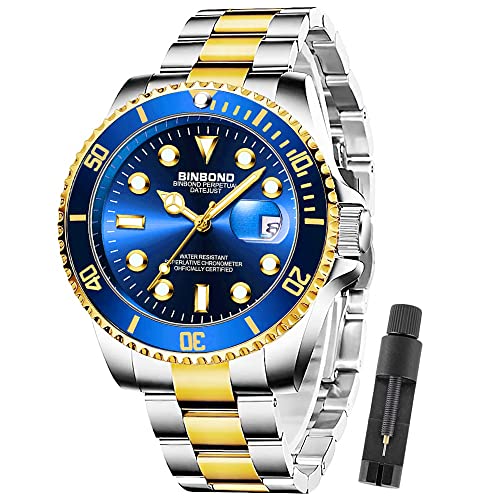 Tiong Watches Mens Fashion Business Stainless Steel Auto Date Waterproof Analog Quartz Watch Silver Emerald Green Watch Wristwatches for Men (Silver Blue)