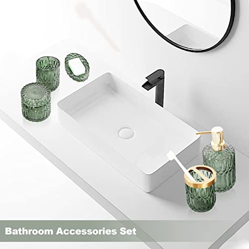 CYJJYZ 5Pcs Green Bathroom Accessories Complete Set,Includes Lotion Dispenser, Soap Dish, Toothbrush Holder, Tumbler, Cotton Swab Jars, Modern Bathroom Decor and Gift Set.