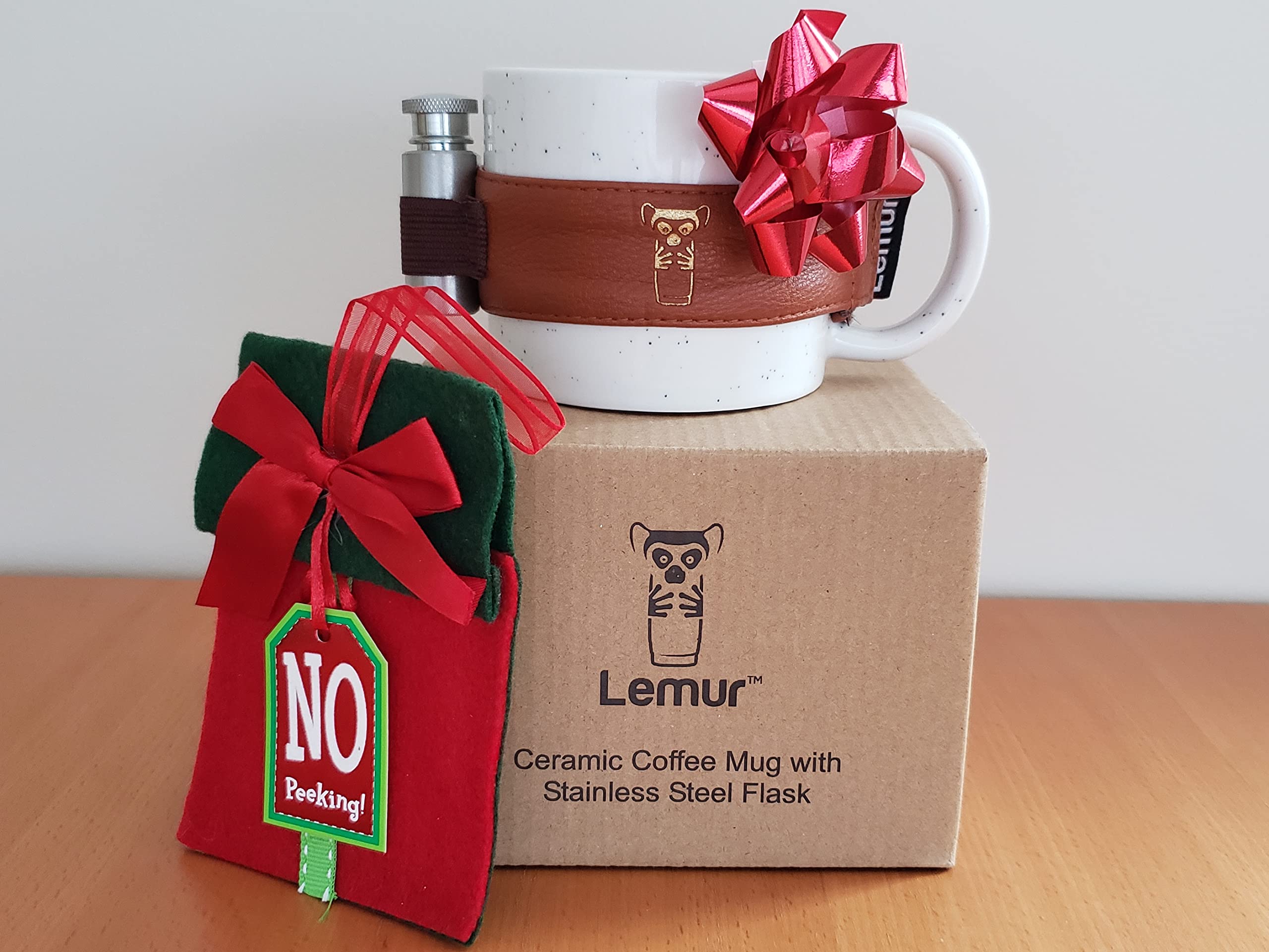 Lemur Ceramic Coffee Mug with Stainless Steel Flask - 12 oz White Speckled Mug, 1 oz Hip Flask Attached with Leather Strap