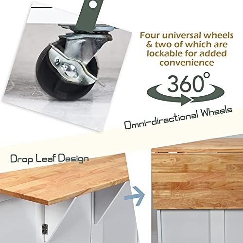 GLACER Kitchen Island Cart on Wheels, Rolling Kitchen Island with Drop Leaf Top, Kitchen Trolley Cart with Drawers, Towel Rack & Bottle Rack, 53.5 x 30 x 36 inches (White)