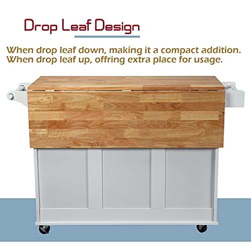 GLACER Kitchen Island Cart on Wheels, Rolling Kitchen Island with Drop Leaf Top, Kitchen Trolley Cart with Drawers, Towel Rack & Bottle Rack, 53.5 x 30 x 36 inches (White)