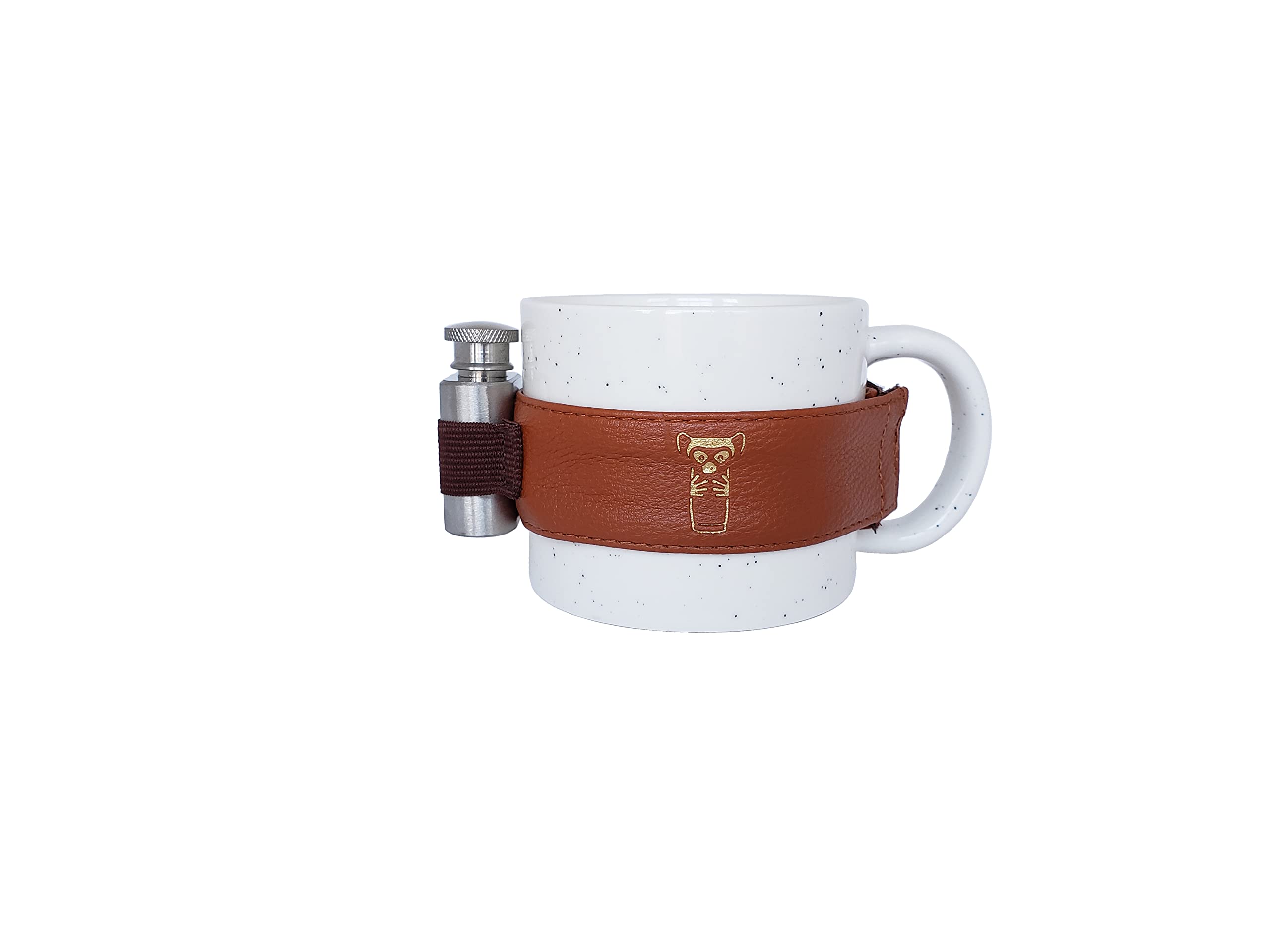 Lemur Ceramic Coffee Mug with Stainless Steel Flask - 12 oz White Speckled Mug, 1 oz Hip Flask Attached with Leather Strap
