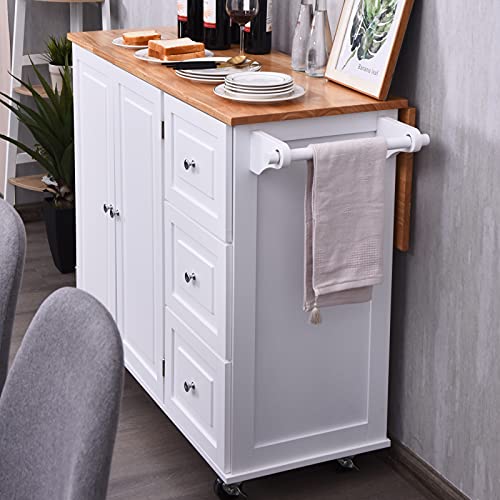 GLACER Kitchen Island Cart on Wheels, Rolling Kitchen Island with Drop Leaf Top, Kitchen Trolley Cart with Drawers, Towel Rack & Bottle Rack, 53.5 x 30 x 36 inches (White)