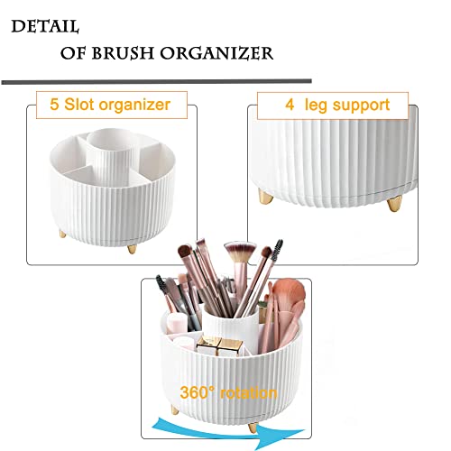 Large Capacity Rotating Makeup Organizer 360 Degree Brush Organizer with 5 Slots Makeup Brush Holder for Vanity Decor Bathroom Countertops Cosmetic Display Cases (White)