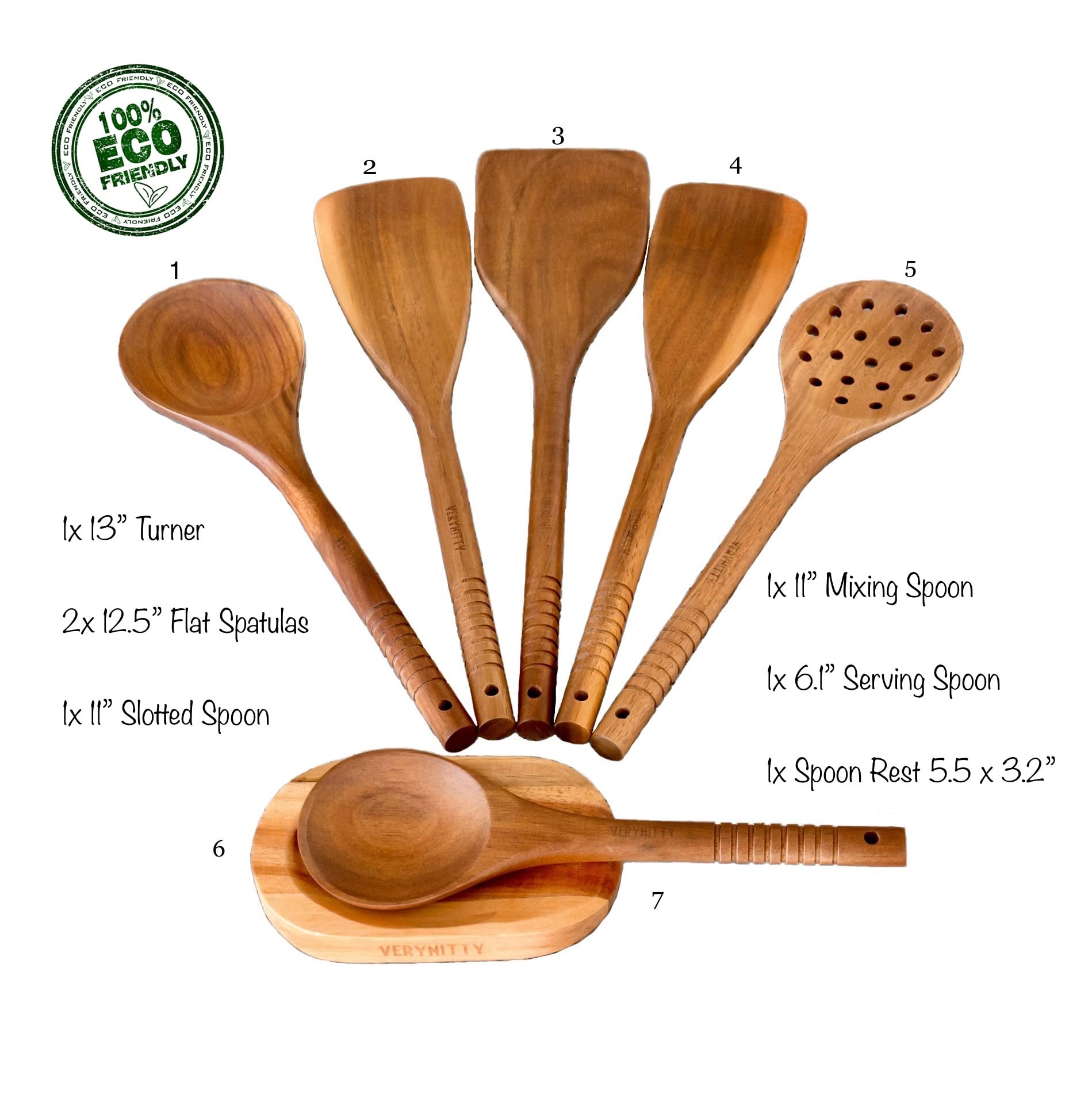 VERY NITTY Very Beautiful Kitchen Utensil Set, 7pc Wooden Cooking Utensils, Spoons and Spatula Set with Spoon Rest. Wood Kitchen Gadgets, Tools and Supplies for Cooking, Baking, Mixing and Salad Bowl
