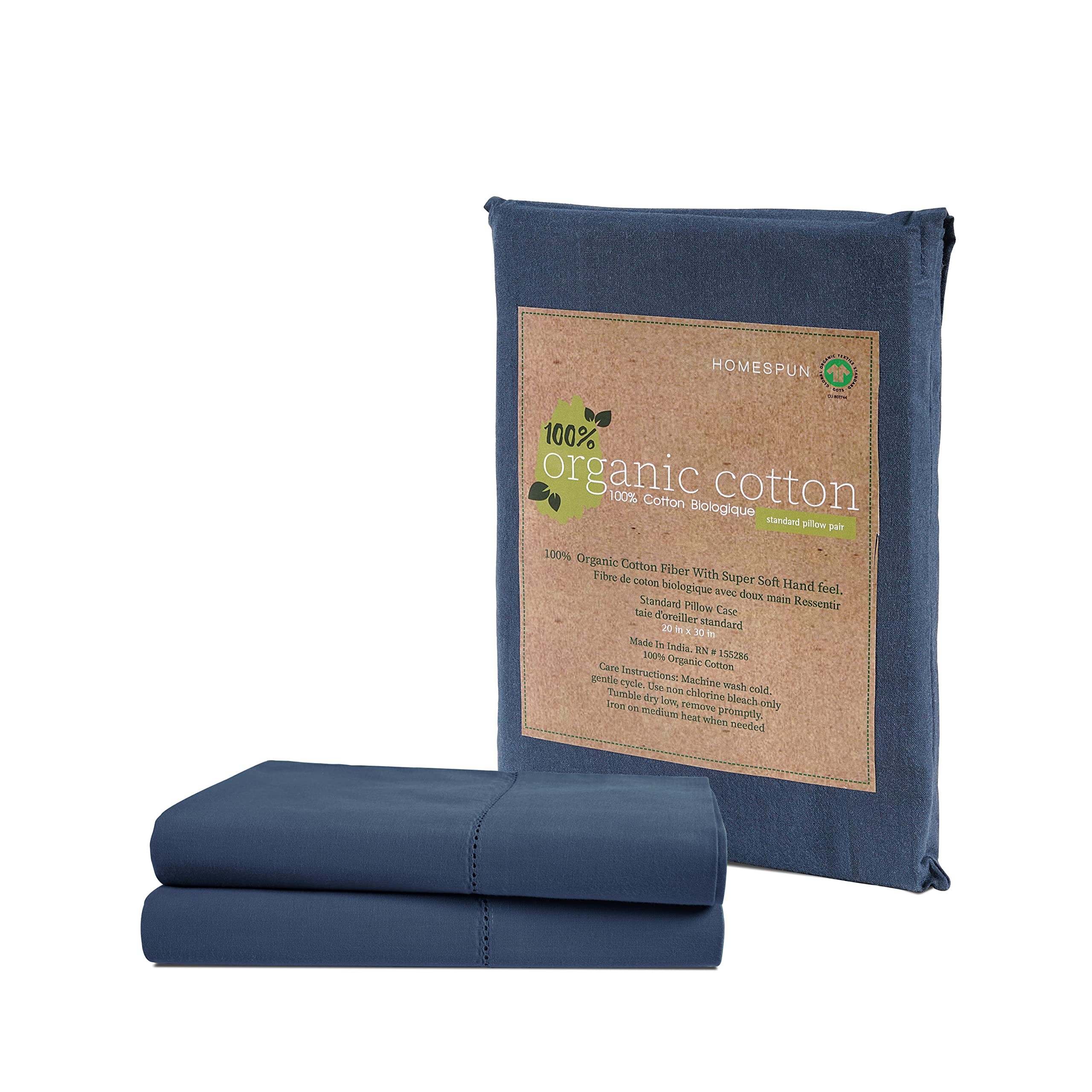 Lane Linen 100% Organic Cotton Pillow Cases Standard Size Set of 2 (20"x26") - Cotton Pillowcases Standard Size - Soft Navy Blue Pillow Cases Set of 2 - Standard Pillowcase Pack of 2 - Navy Blue