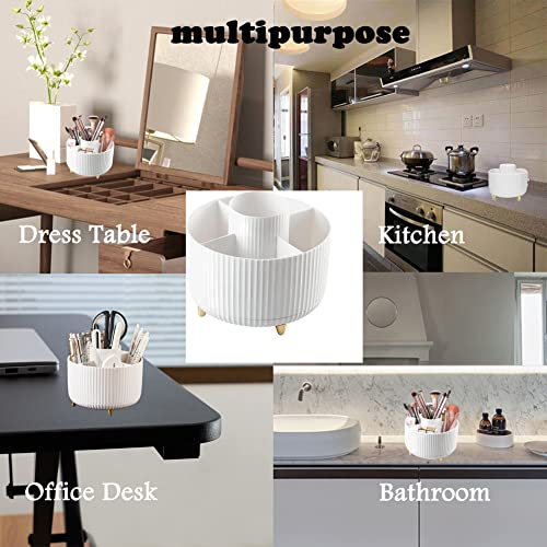 Large Capacity Rotating Makeup Organizer 360 Degree Brush Organizer with 5 Slots Makeup Brush Holder for Vanity Decor Bathroom Countertops Cosmetic Display Cases (White)