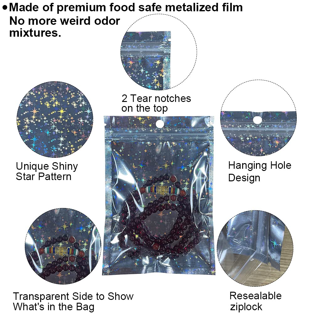 Holographic Bags 4x6 Inch,100PCS Star Pattern Resealable Mylar Bags Zip Lock Bags For Food Storage Candy Wrap Jewelry Lip gloss