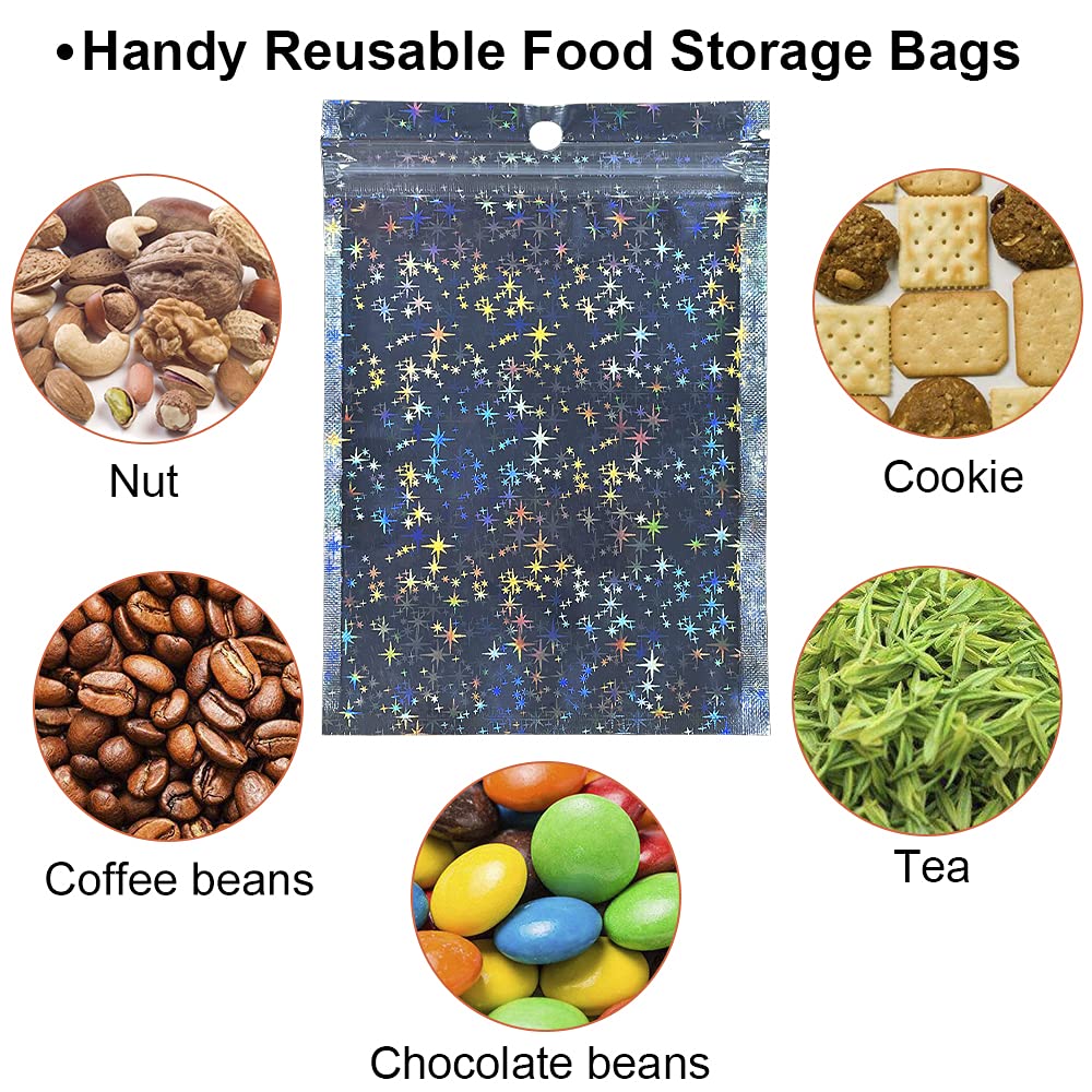 Holographic Bags 4x6 Inch,100PCS Star Pattern Resealable Mylar Bags Zip Lock Bags For Food Storage Candy Wrap Jewelry Lip gloss