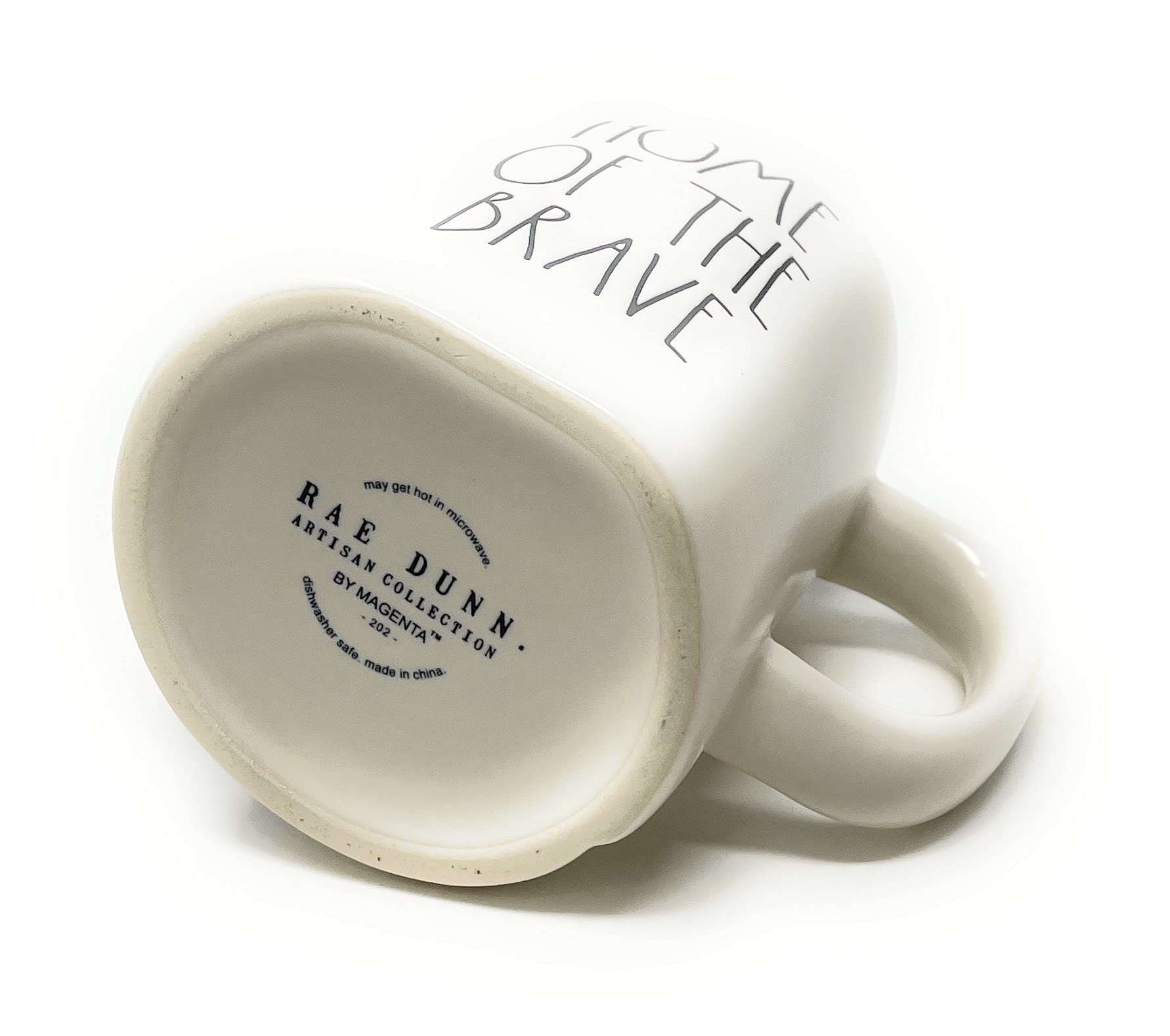 Rae Dunn HOME OF THE BRAVE Matte White Ceramic Coffee Tea Mug With Black Letters And Blue Interior