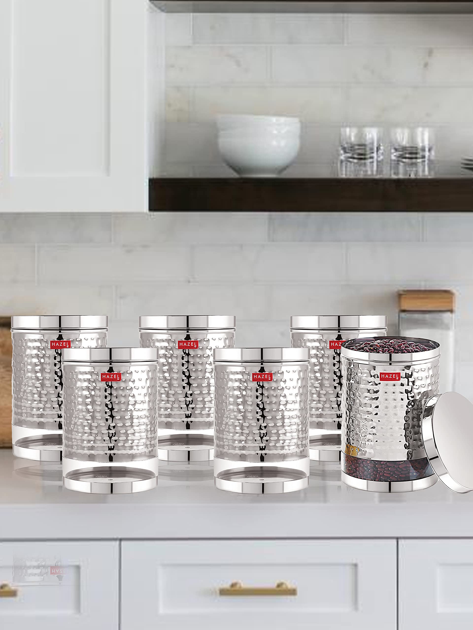 HAZEL Stainless Steel Kitchen Containers I Transparent Kitchen Container Set of 6, 3000 ml Each I Multipurpose Storage Box for kitchen containers set with Glossy Hammered Finish