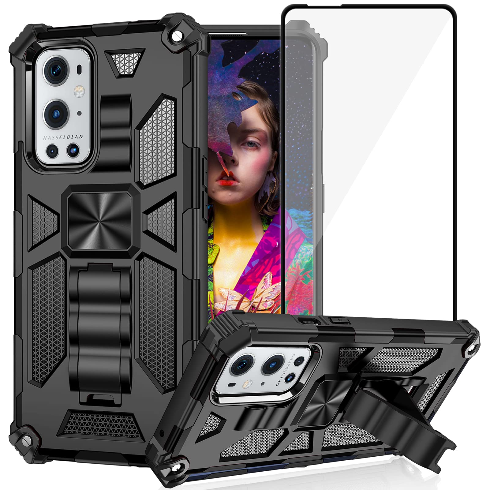 Ailiber Compatible with OnePlus 9 Pro Case with Screen Protector, for Magnetic Car Mount, Kickstand Holder, Rugged Shockproof Bumper Military Grade Protective 1+9+ Phone Cover for OnePlus 9 Pro-Black