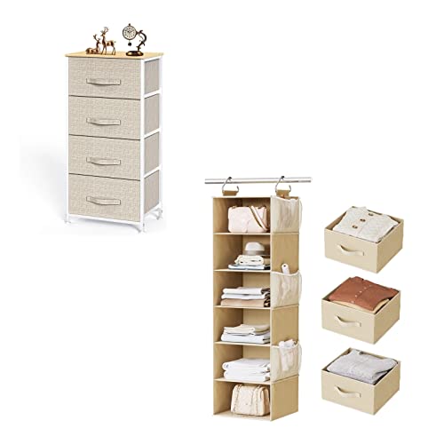 Pipishell Hanging Closet Organizer 6-Shelf, Hanging Shelves for Closet with 3 Removable Drawers & Side Pockets, Hanging Shelf Organizer for Bedroom or Garment Rack, 12'' x 12'' x 43.3'', Beige