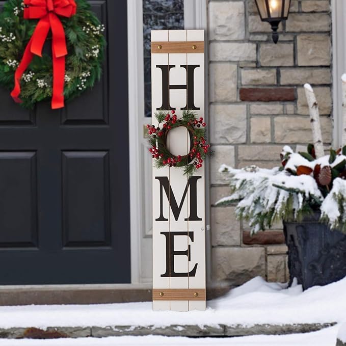 Glitzhome JK44369 Wooden Rustic Farmhouse Wall Hanging Porch Decor with 3 Changeable Floral Wreath, 42”H, Home Welcome Sign for Front Door, Rectangular, White